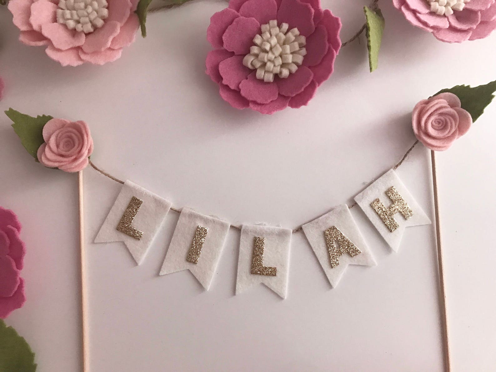 Name Cake Topper Personalised Felt Flower and Gold Glitter - Etsy
