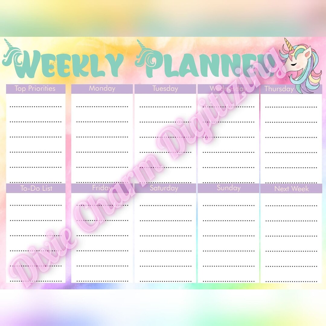 Unicorn Weekly Planner Printable Digital File 8.5x11 - Etsy