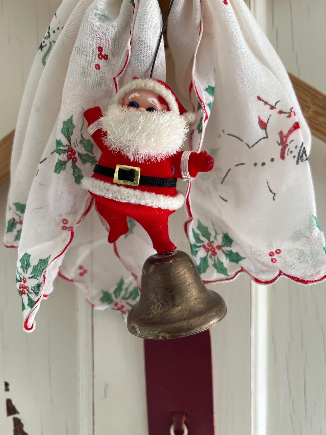 Vintage Flocked Santa Claus Christmas Tree Ornament With a Bell St ...