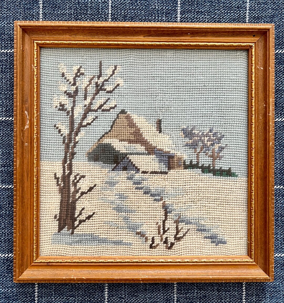 Vintage Needlepoint Winter Barn Scene Blues, Cream and Brown Brown ...