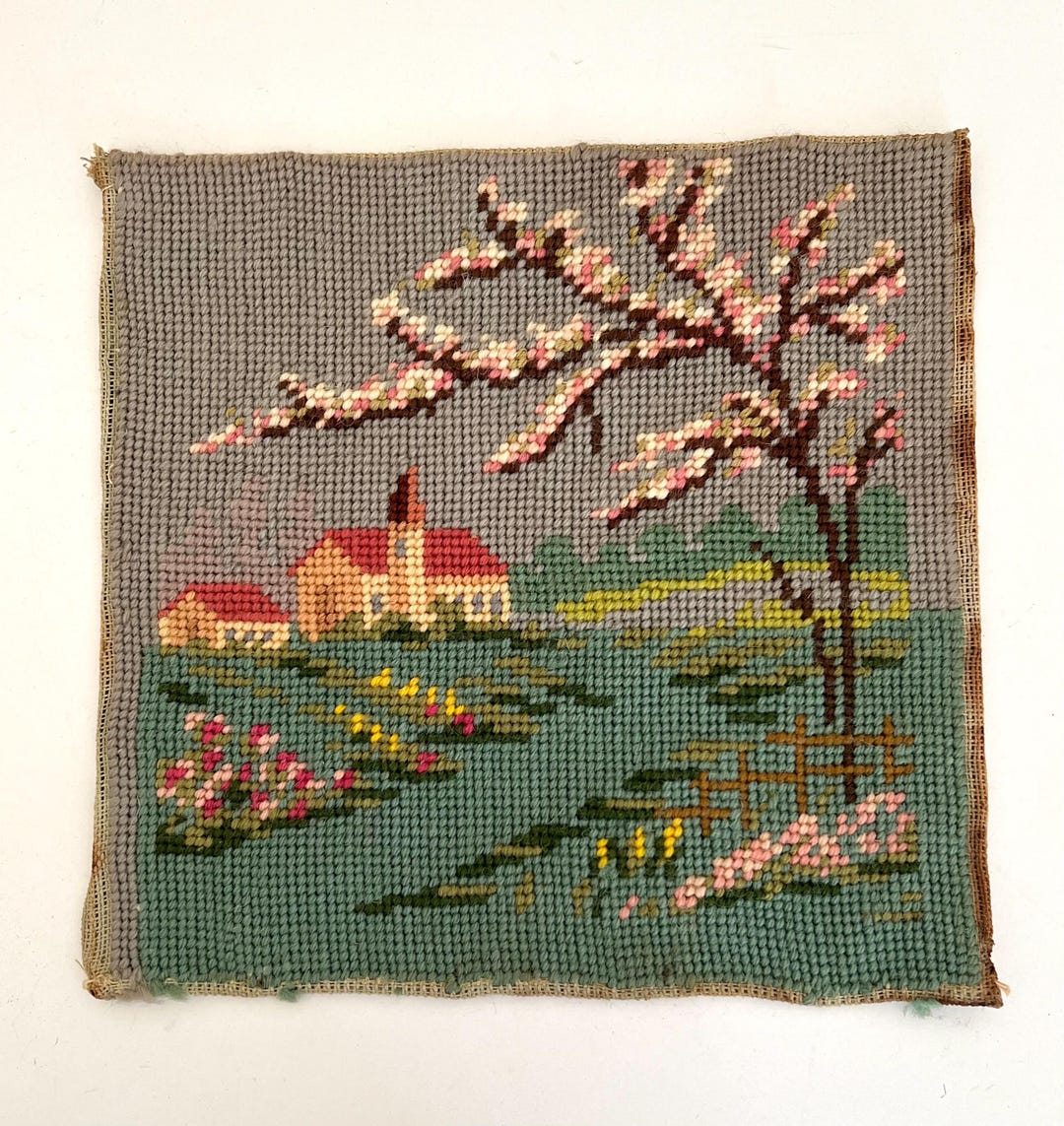 Vintage Needlepoint - Country Scene - House and Shed - 9" X 9-1/4 ...