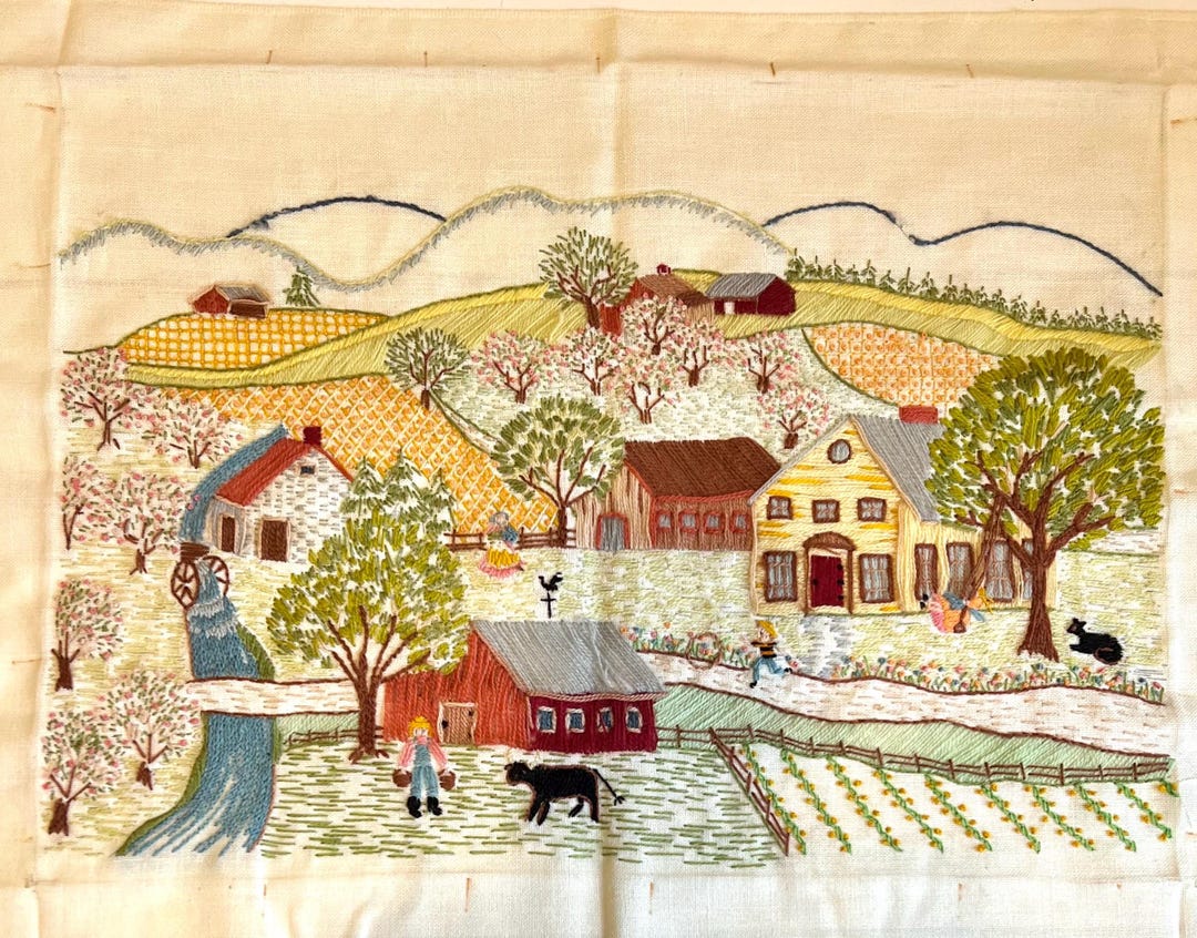 Vintage Crewel Farm Scene - Country Scene - Spinnerin Summer Scene ST ...