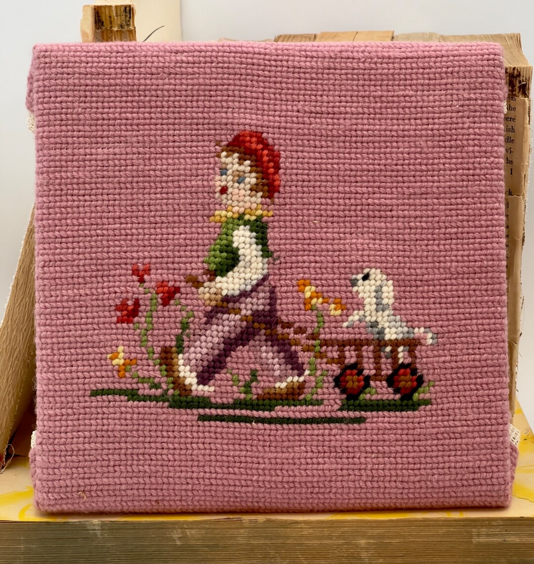 Vintage Needlepoint - Boy Pulling a Cart With a Puppy - 8" X 8 ...