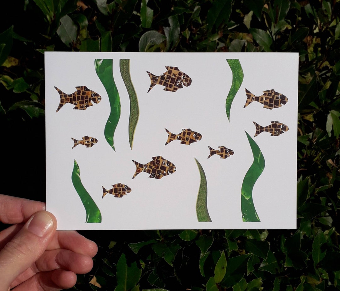 Swimming Fish Card Printed From a Handcut Paper Collage- Kids Birthday ...
