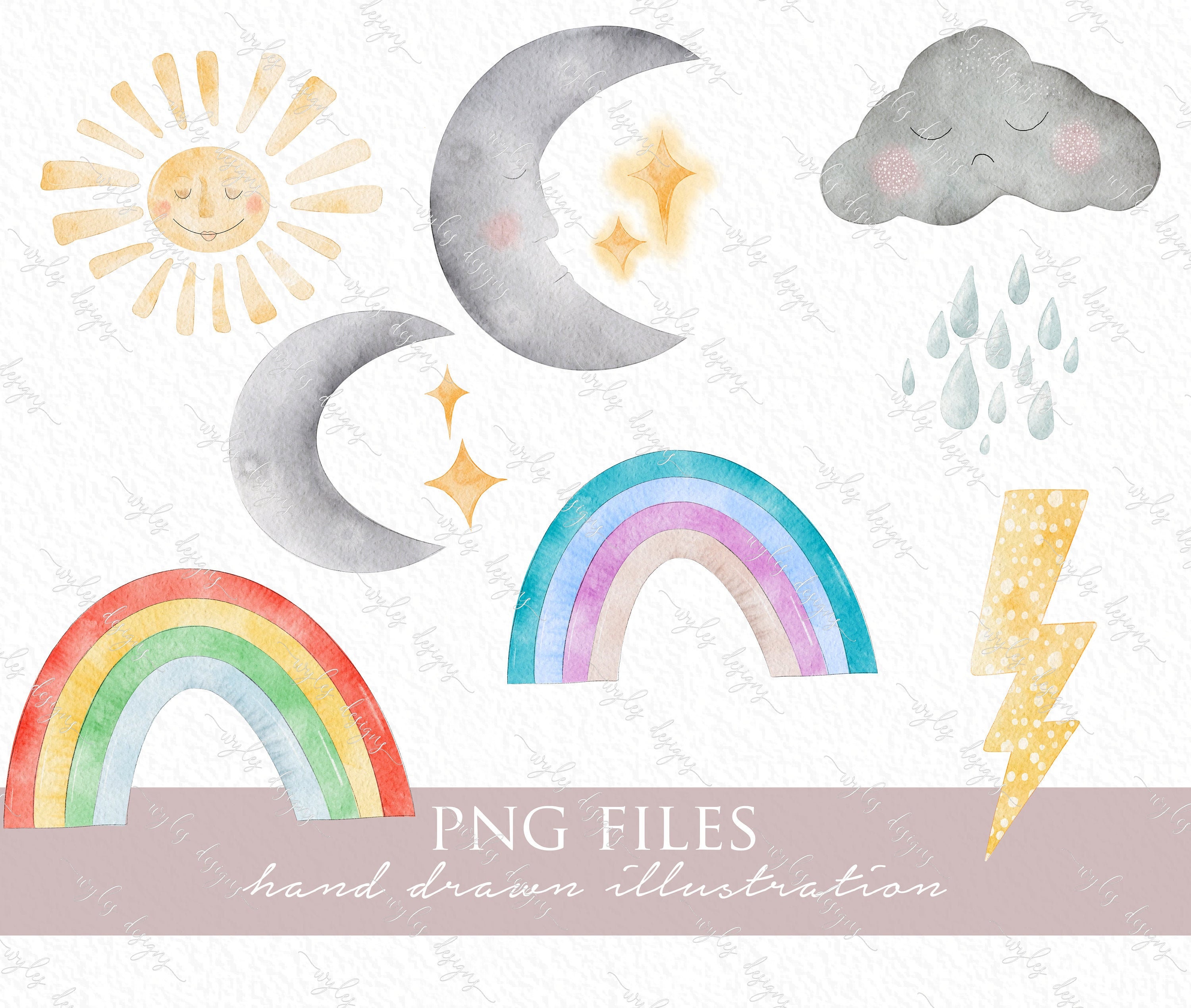 Rainbow Clip Art, Sun Clipart Digital Download, Stars, Lightening Bolt ...
