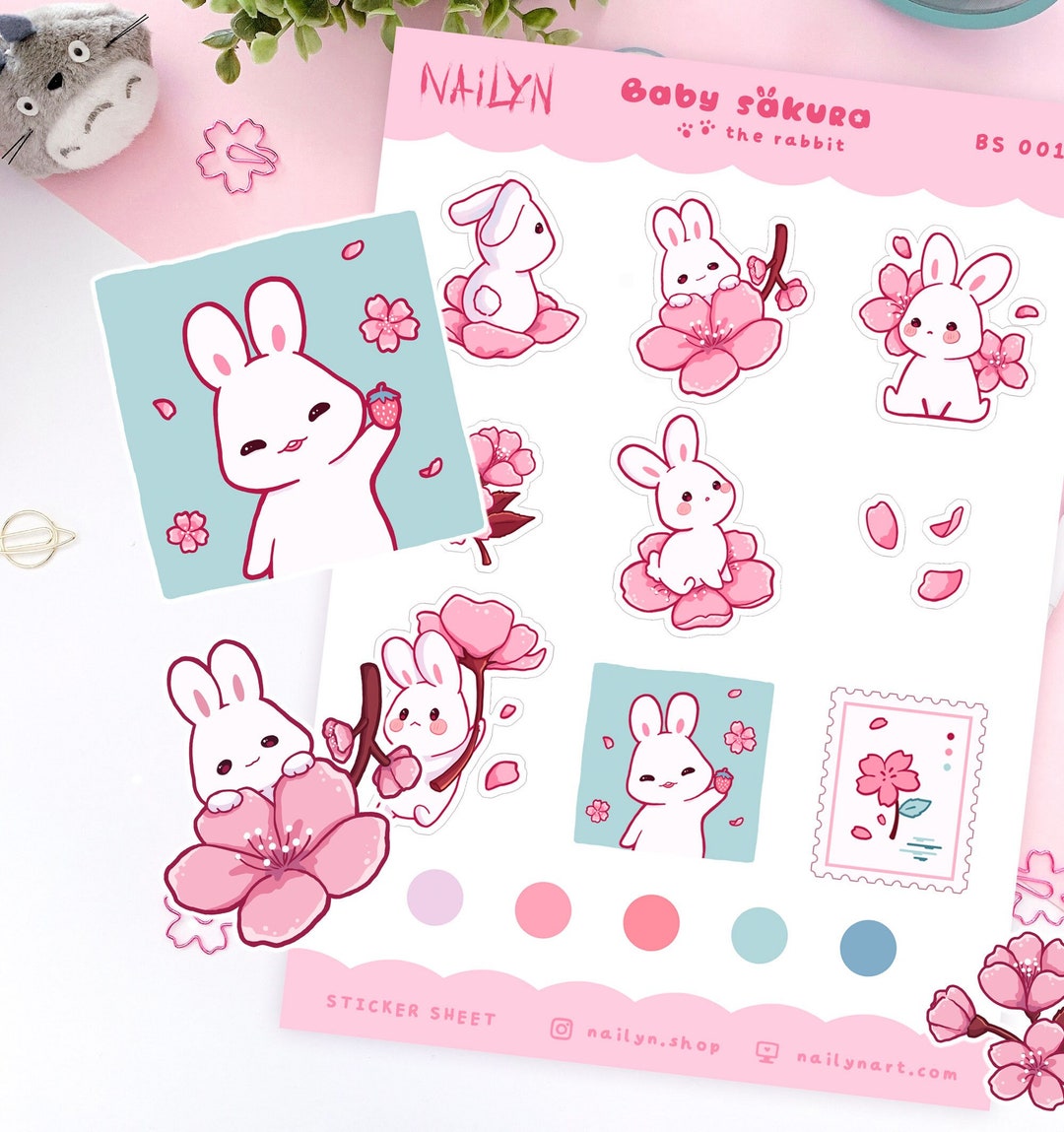 Baby Sakura Rabbit Kawaii Sticker Sheet Glossy Vinyl Water Resistant ...