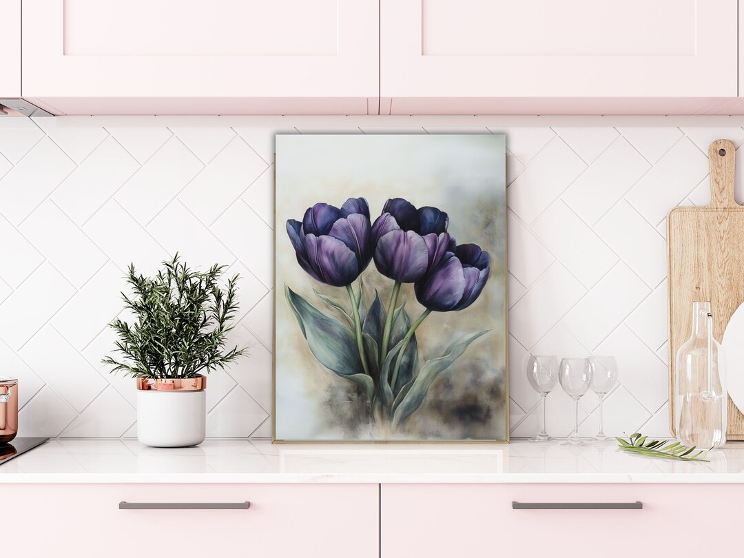 Black Tulip Watercolor Art Print Wall Canvas Floral Art Purple Tulips