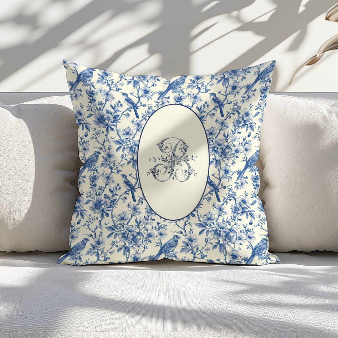 Custom Blue Floral Toile Monogramed Pillow, Elegant Letter Cushion ...