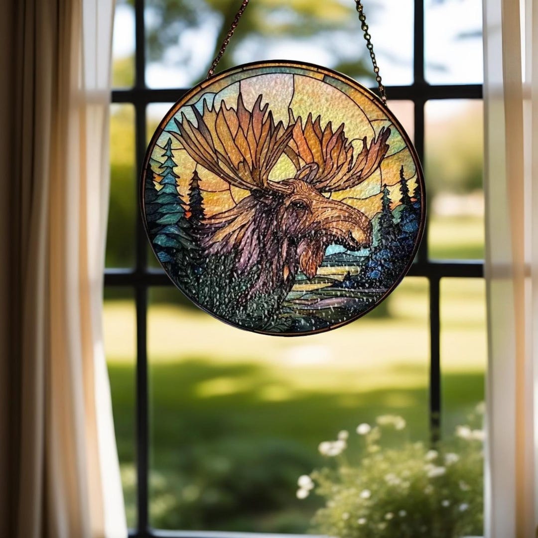 Moose Woodland Stained Glass Suncatcher for Window Hanging Moose ...