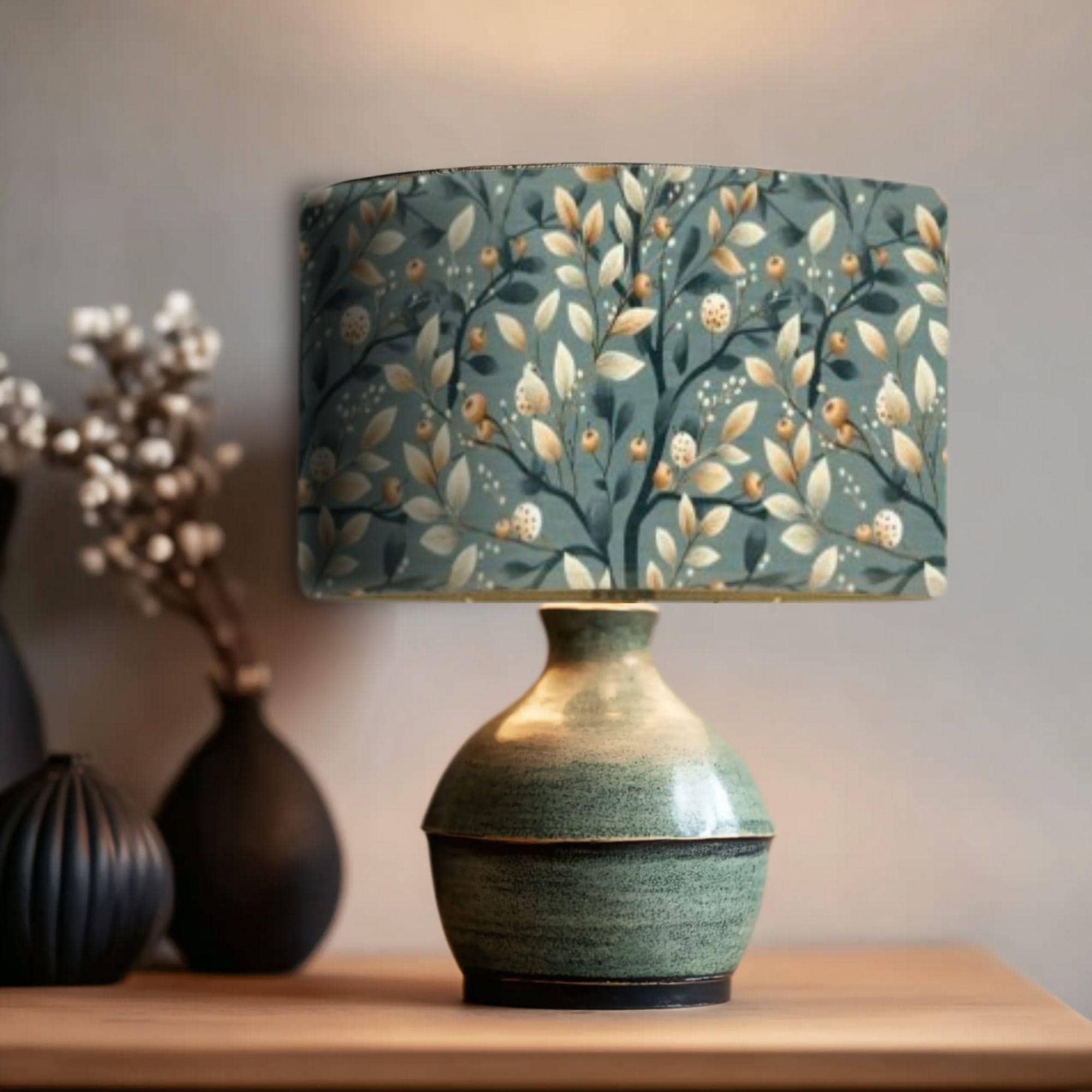 Floral Teal Drum Uno Lamp Shade – Botanical Pattern Lighting, Modern ...