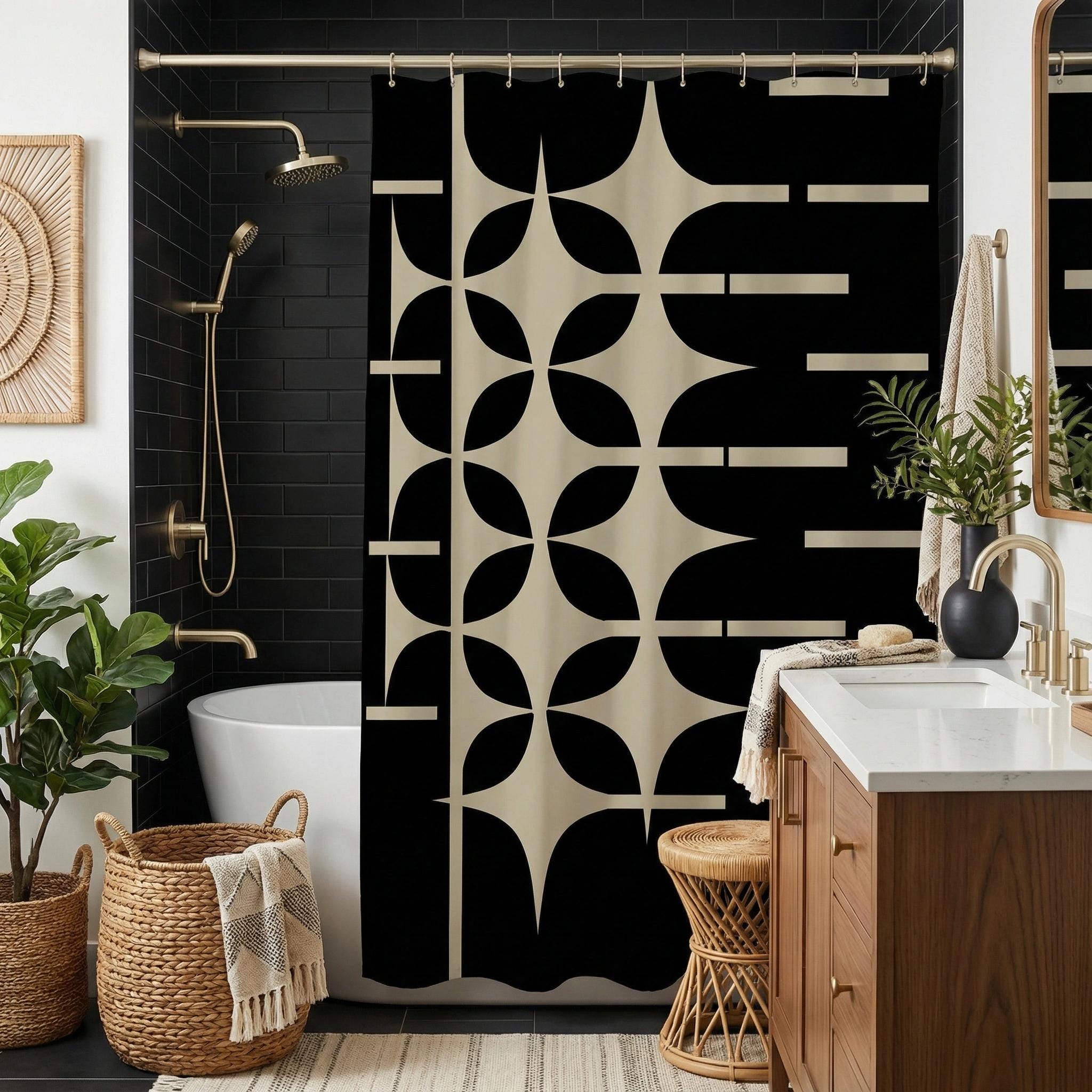 Modern Art Shower Curtain Black Graphic Shower Curtain Contemporary ...