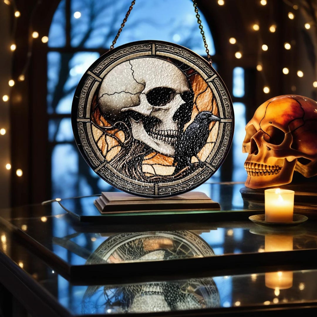 Skull & Raven Suncatcher - Dark Goth Apothecary Style, Spooky Home ...