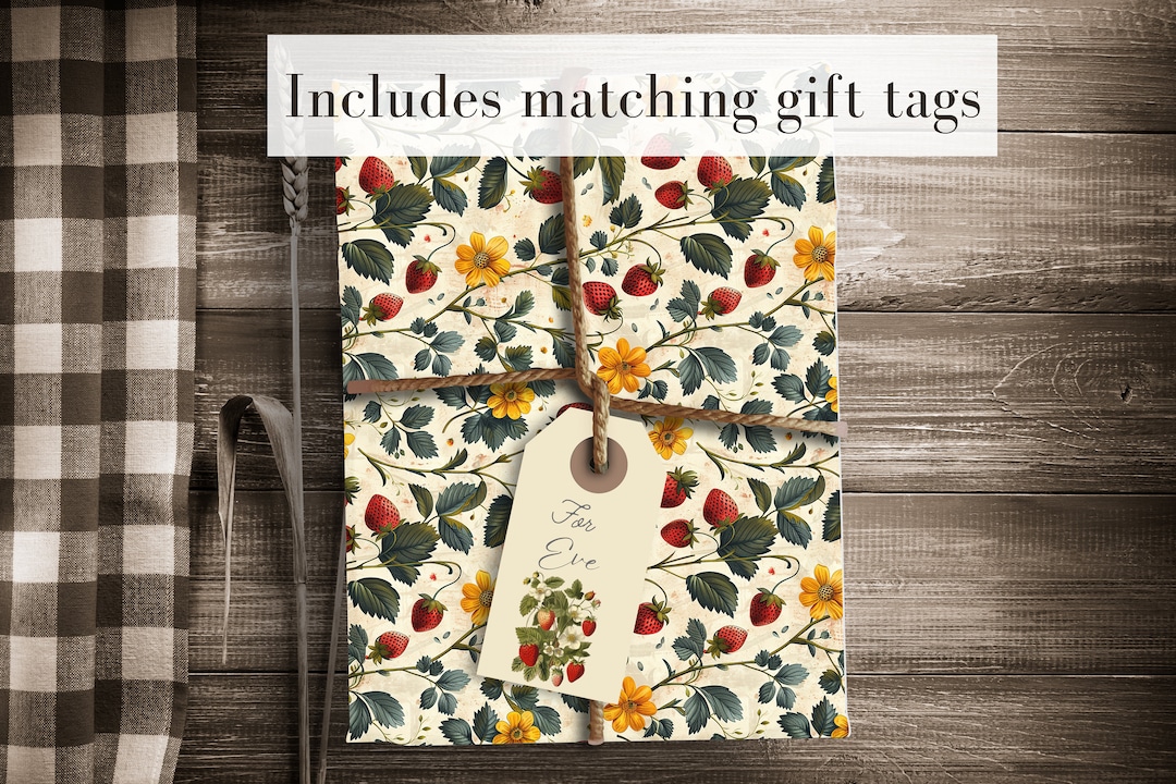 Strawberry Gift Wrap With Matching Tags Summer Gift Wrap Vintage Style ...