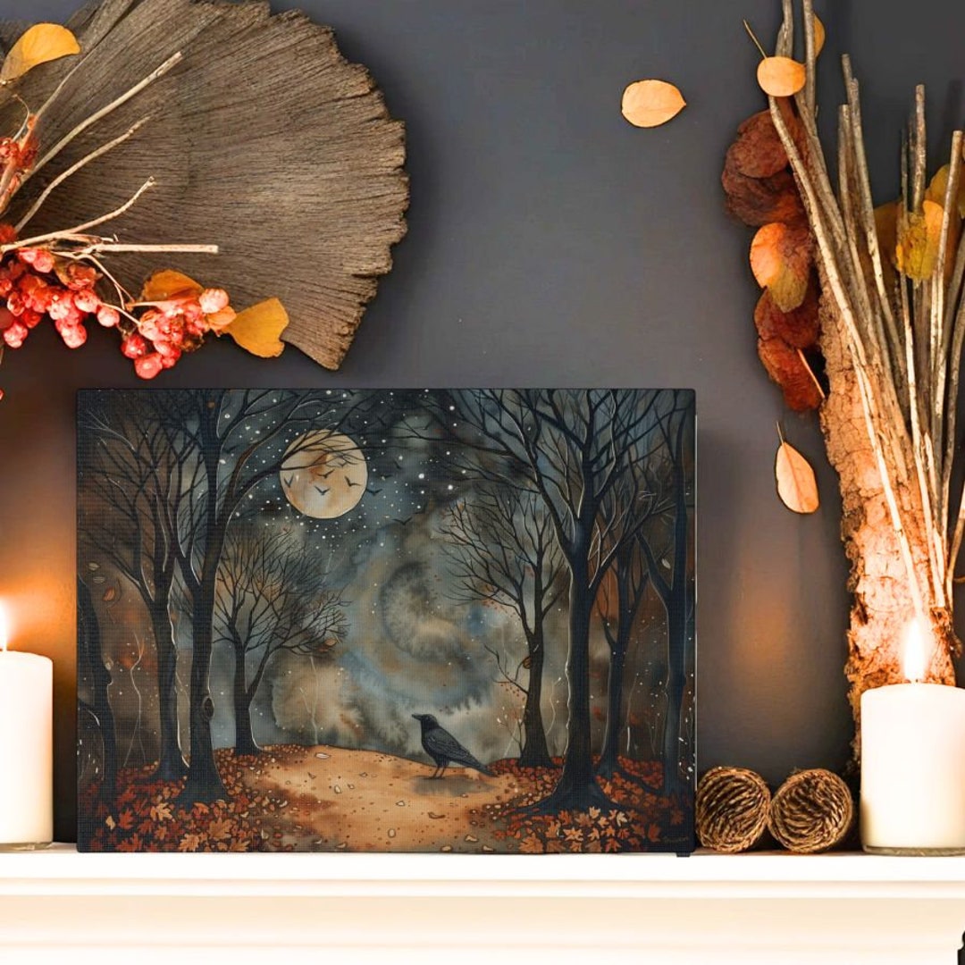 Crow Wall Art Canvas Print Spooky Night Halloween Decor Dark Academia ...
