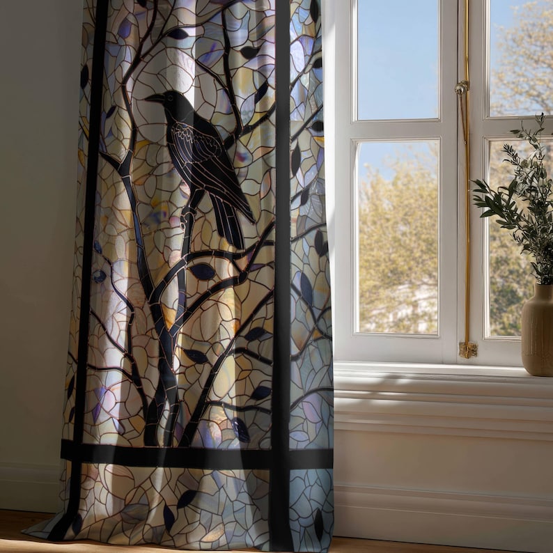 Raven Stained Glass Blackout Curtain, Gothic Home Decor Window Panel ...
