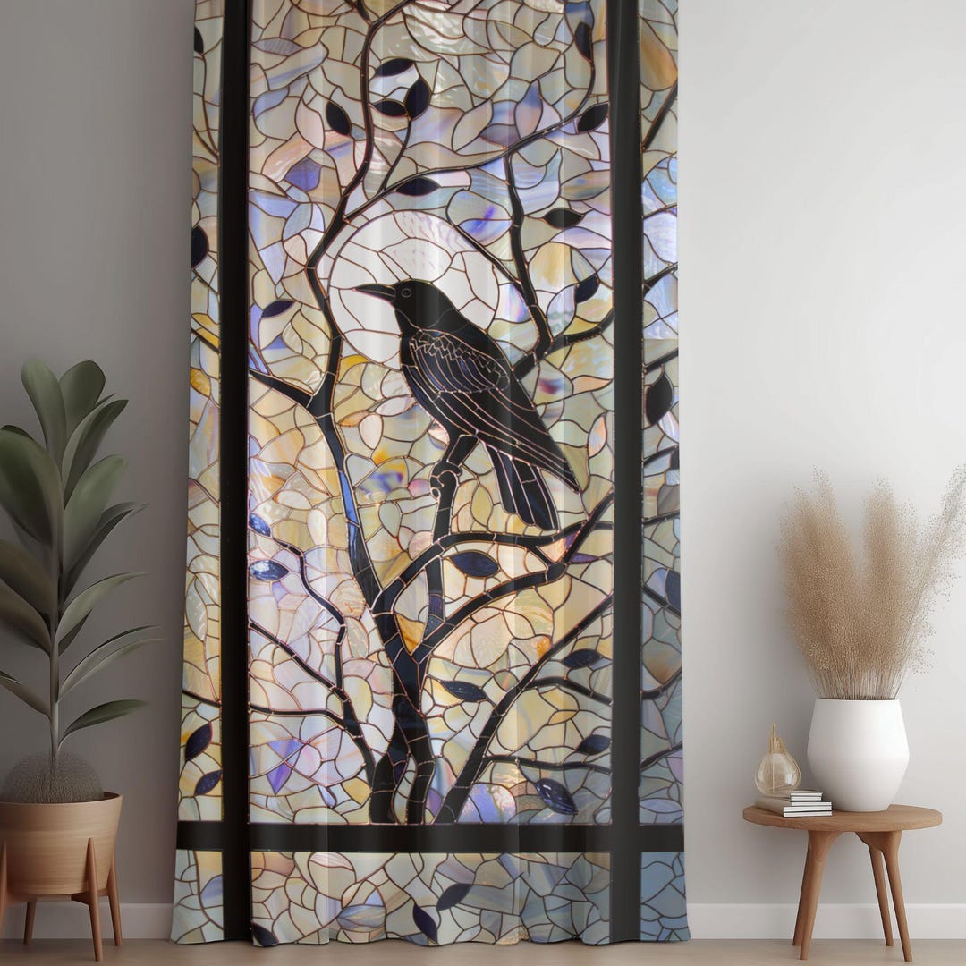 Raven Stained Glass Blackout Curtain, Gothic Home Decor Window Panel ...
