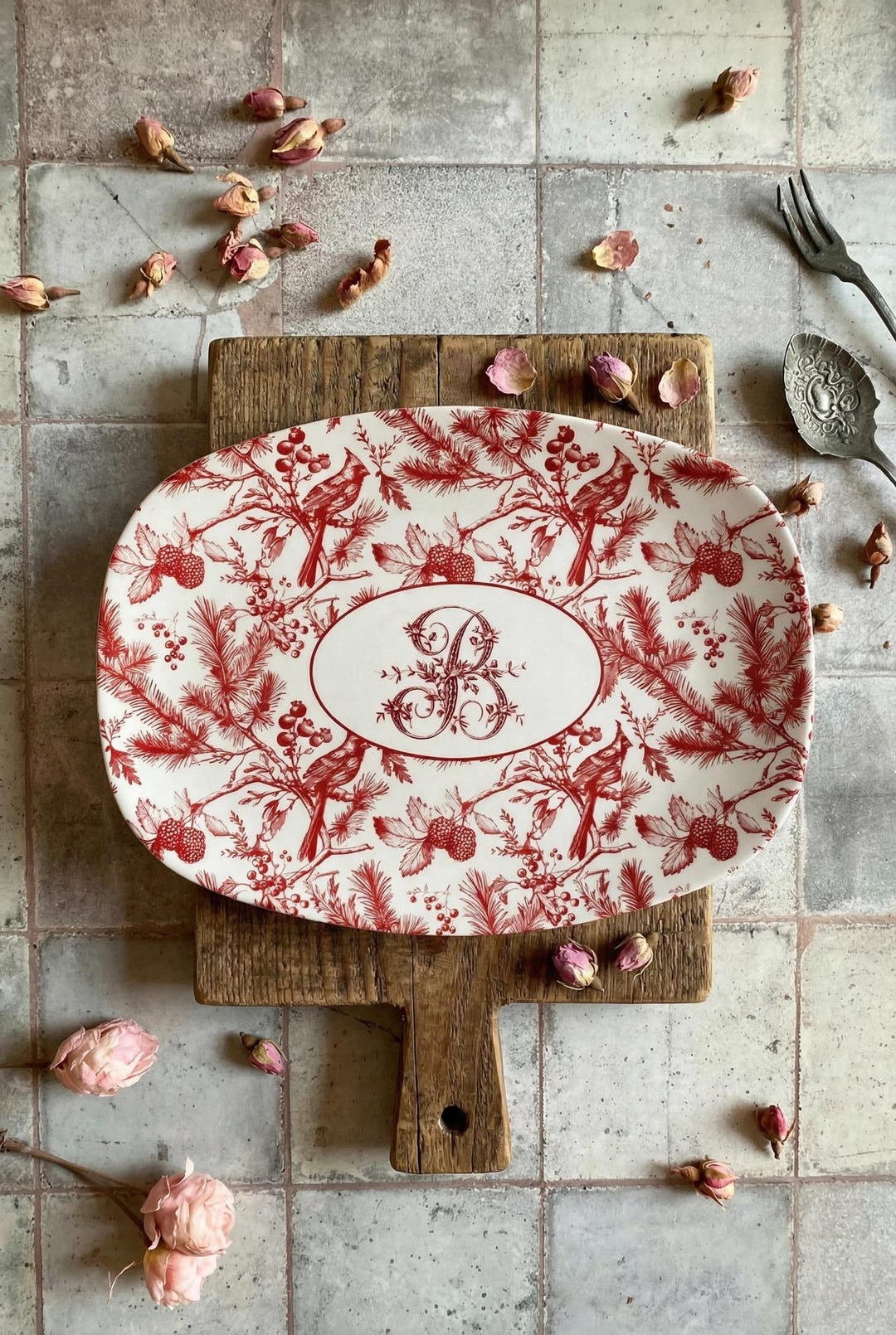 Personalized Holiday Monogram Platter – 10x14 Inch Red Toile Christmas ...
