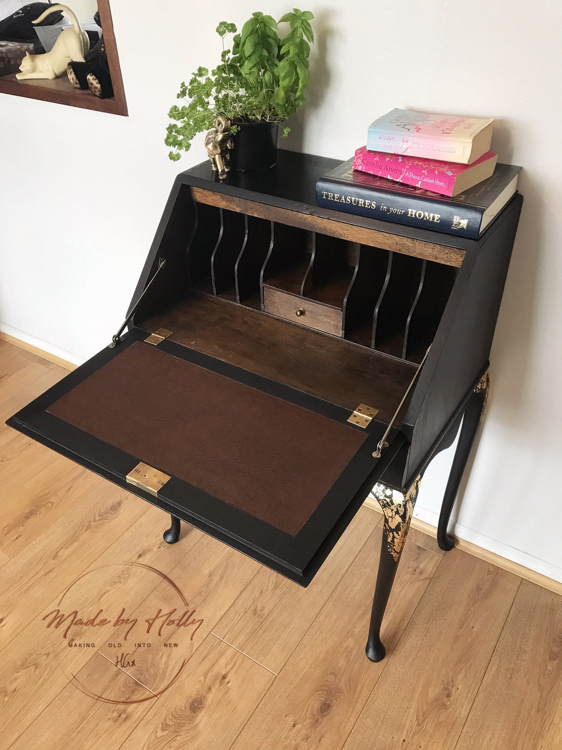 SOLD Vintage 1950's / Mid 20th Century Black & Gold Walnut Writing ...