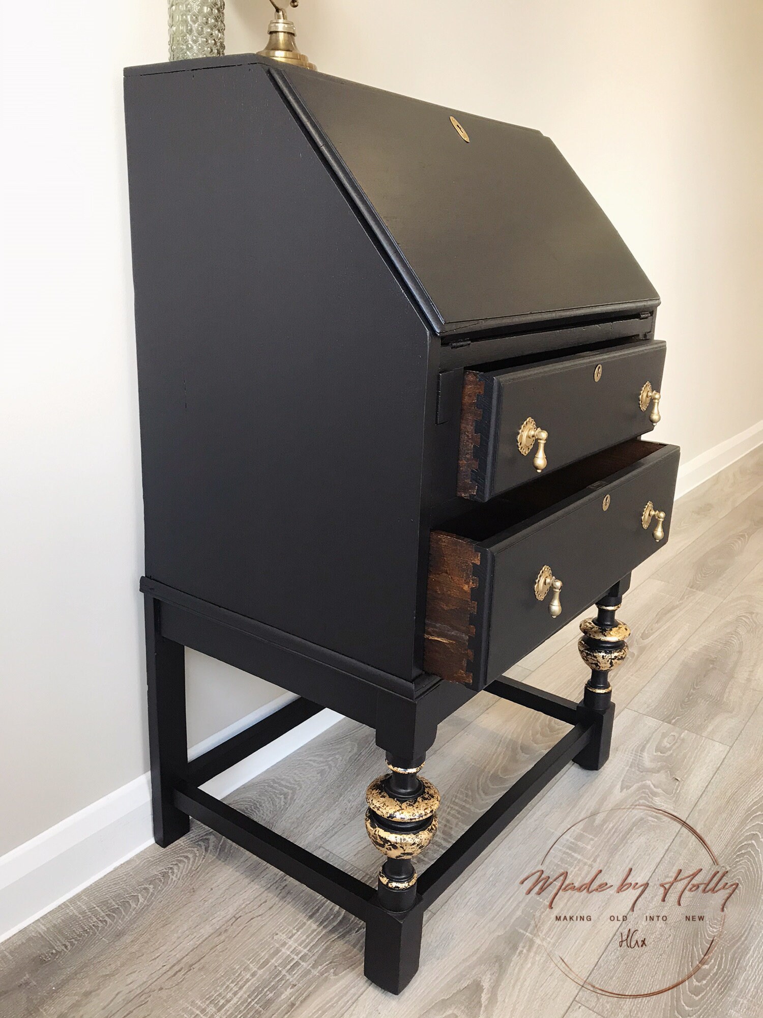 SOLD Vintage Solid Oak Royal Board Swedish Black & Gold Writing Bureau ...