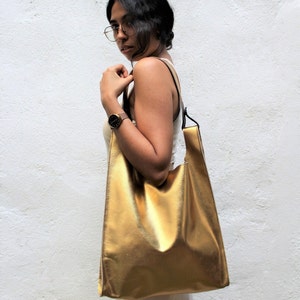 Metallic Leather Tote Bag, Gold Leather Shoulder Bag, Shiny Leather Bag ...