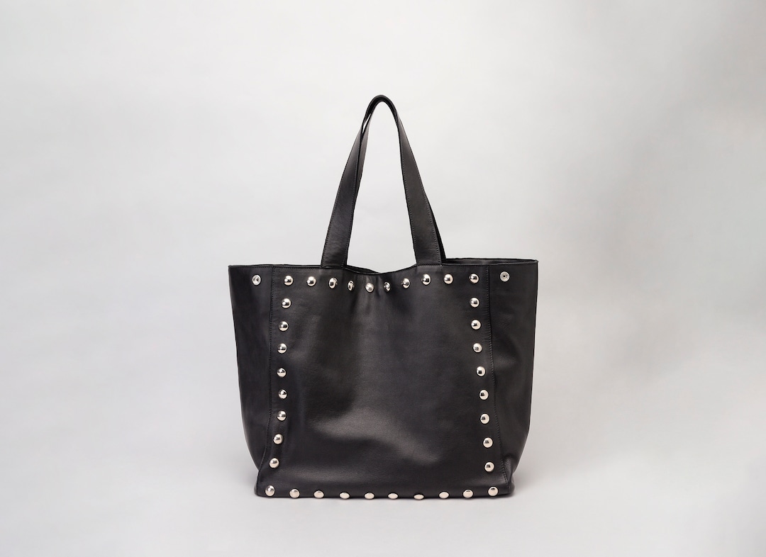 Stud Bag Black Leather Tote Studded Leather Bag Full Grain - Etsy