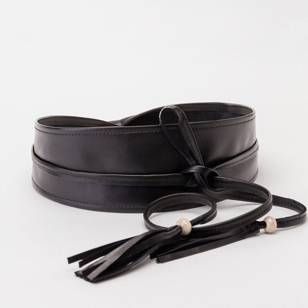 Black Leather Obi Belt With Tassels, Soft Leather Sash Belt, Wide Black ...