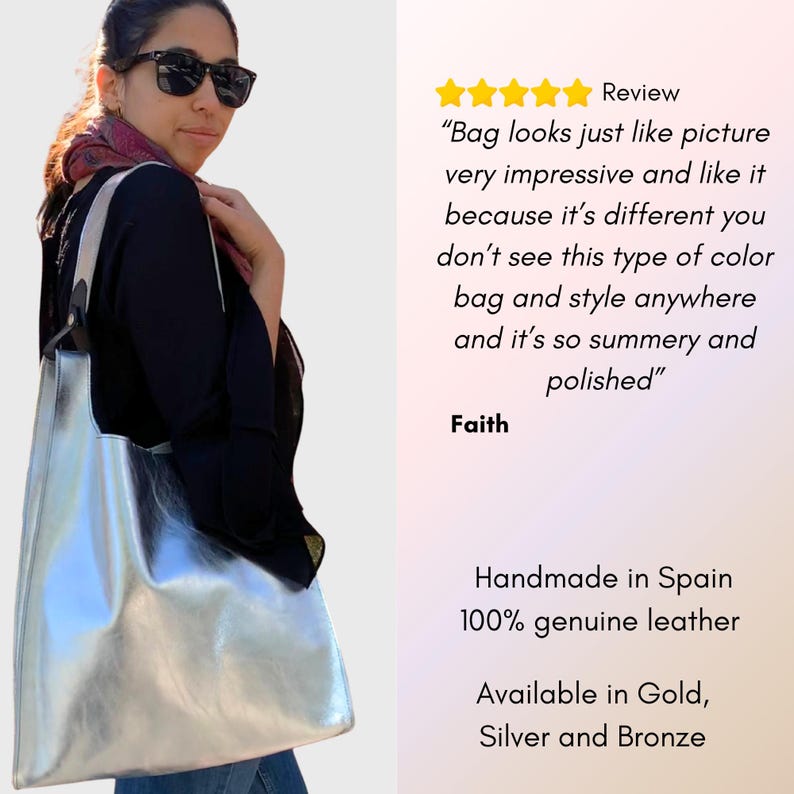Silver Leather Bag, Metallic Leather Tote Bag, Large Hobo Shoulder Bag ...
