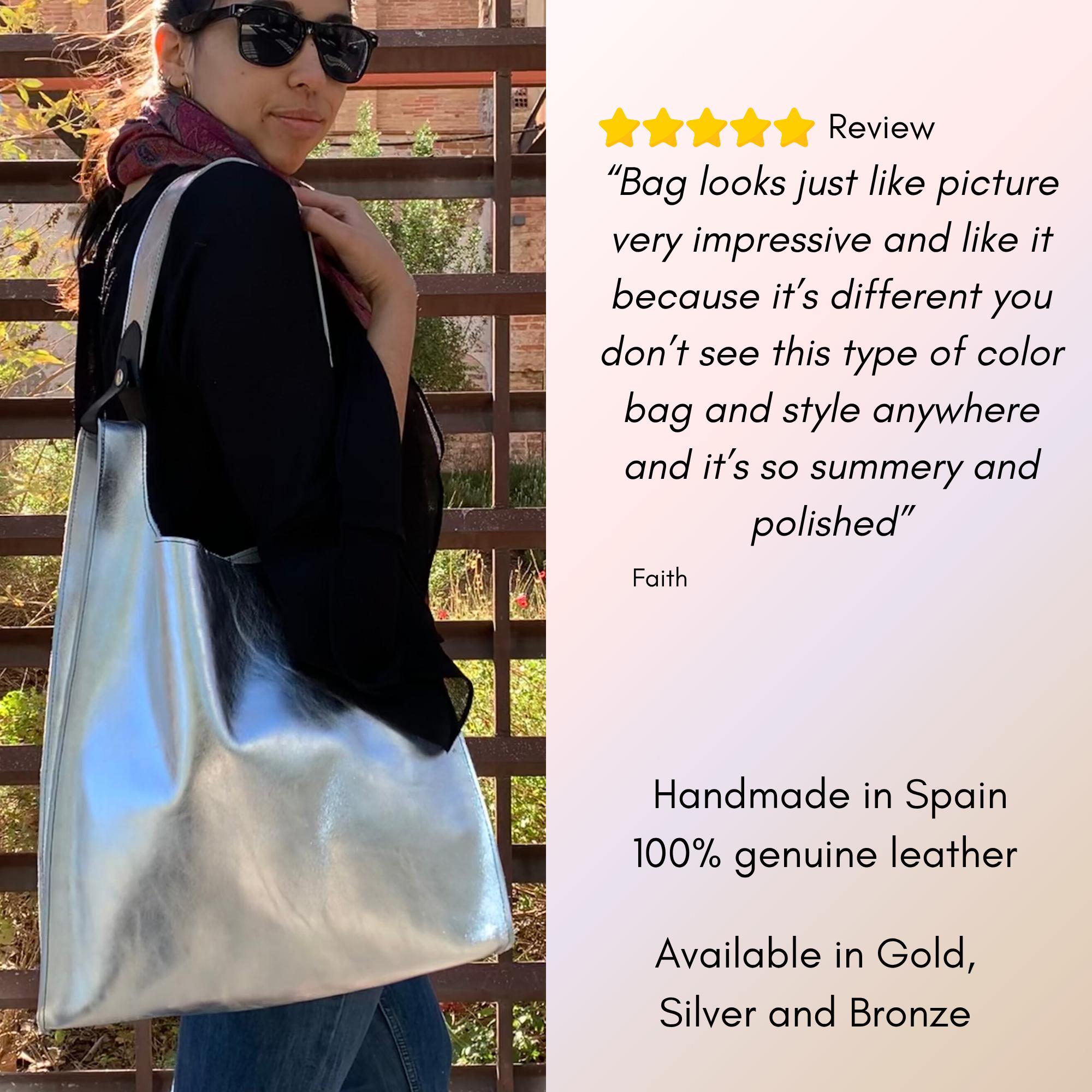Silver Leather Tote Bag, Metallic Handmade Handbag, Over the Shoulder ...