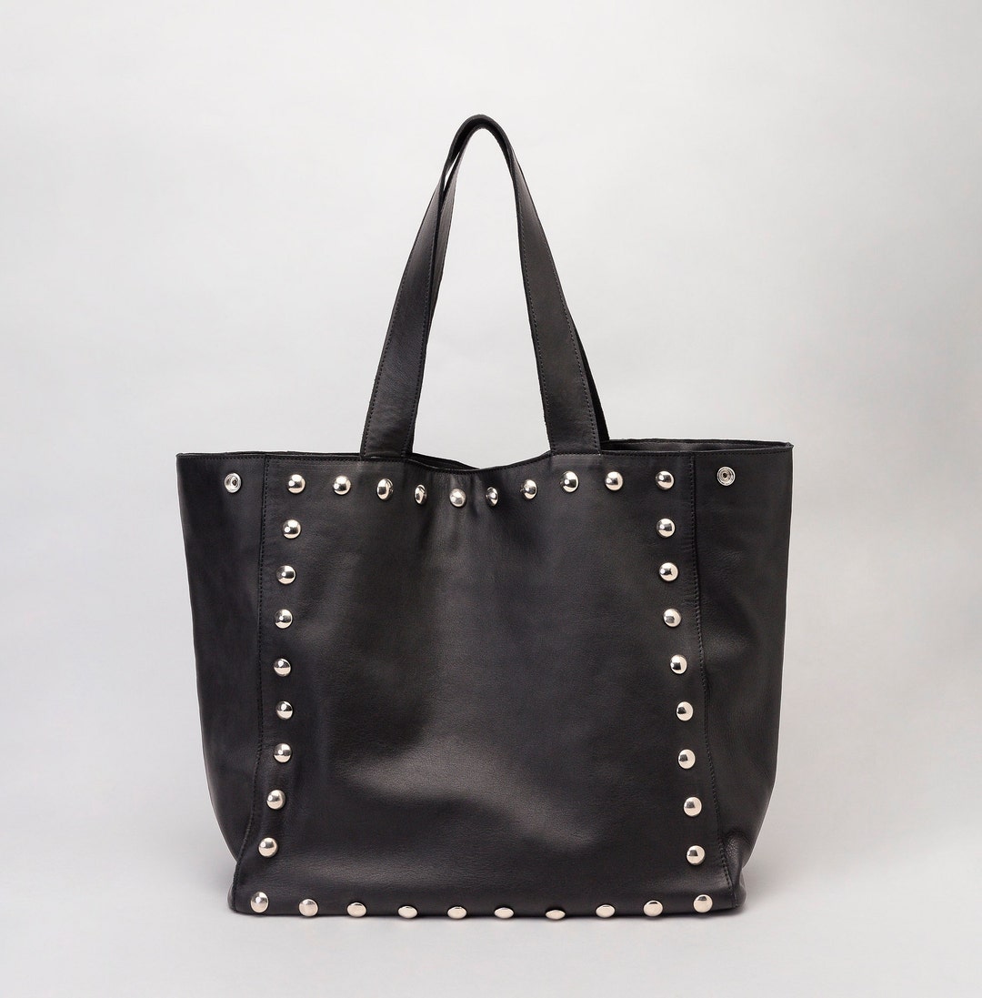 Stud Bag, Black Leather Tote, Studded Leather Bag, Full Grain Leather ...