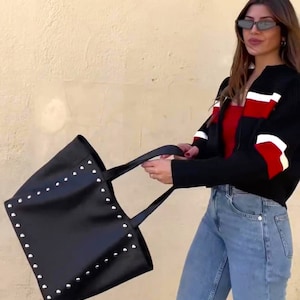 Stud Bag, Black Leather Tote, Studded Leather Bag, Full Grain Leather ...