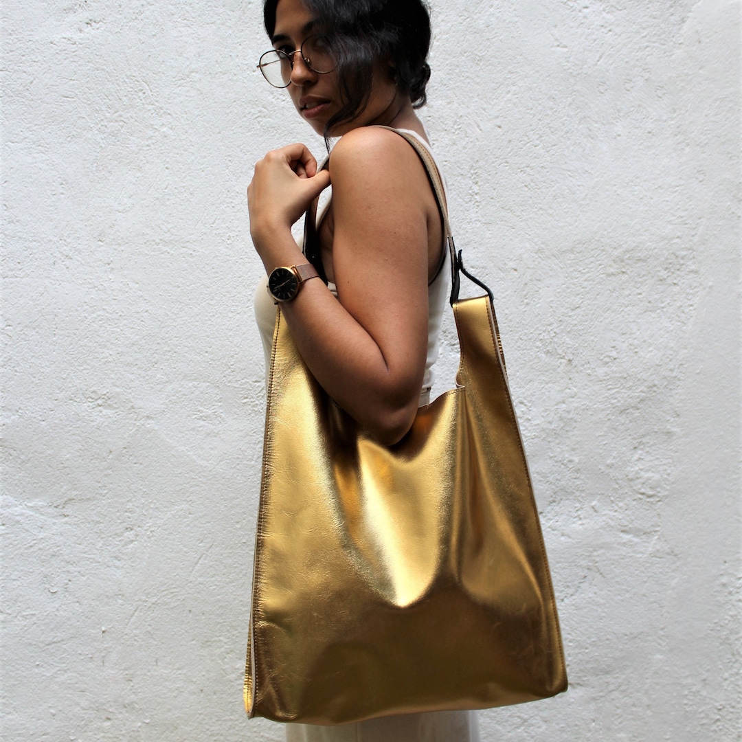 Gold Leather Tote Metallic Leather Bag Golden Tote Bag Gold - Etsy