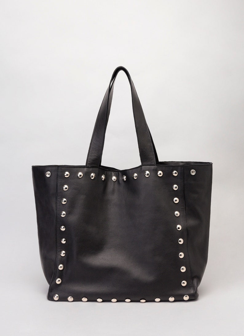 Stud Bag Black Leather Tote Studded Leather Bag Full Grain - Etsy