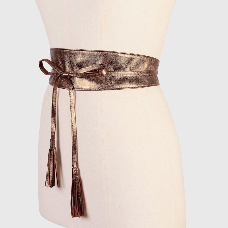 Bronze Metallic Leather Obi Belt With Tassels, Handmade Sash Dress Belt ...