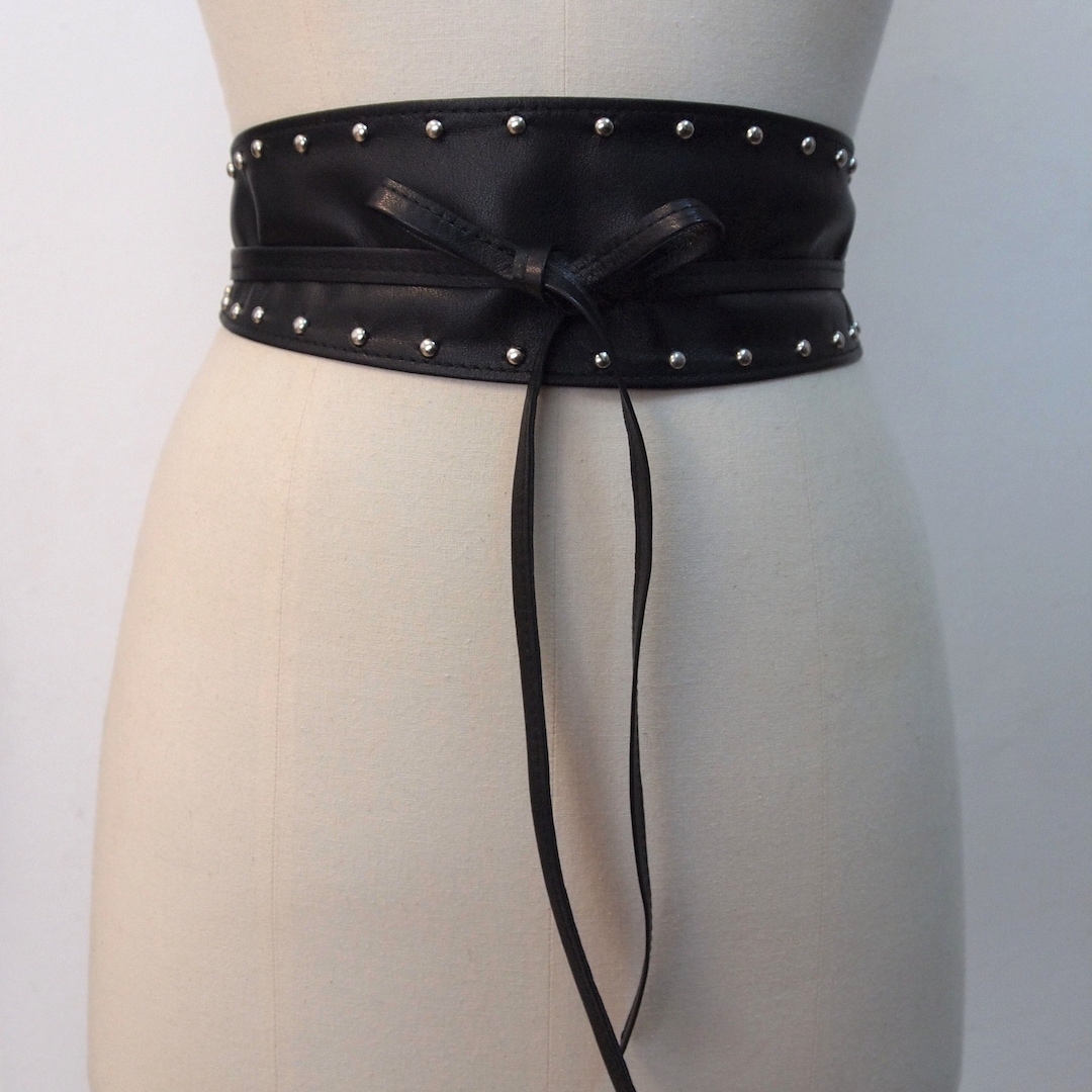 Wide Leather Belt Black Studded Belt Soft Leather Obi Belt - Etsy