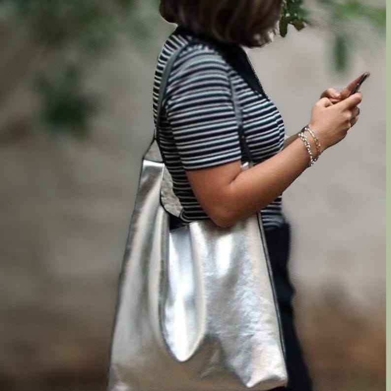 Silver Leather Tote Bag, Metallic Handmade Handbag, Over the Shoulder ...