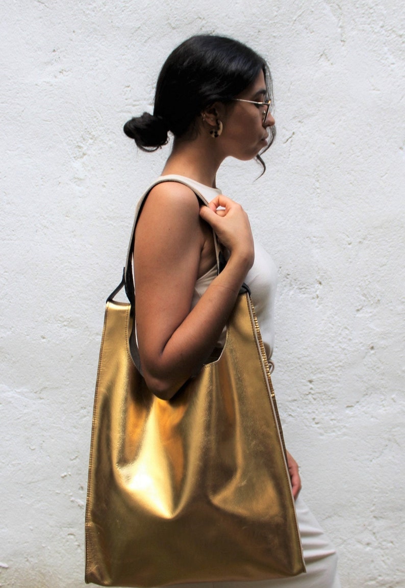 Gold Leather Tote Metallic Leather Bag Golden Tote Bag Gold - Etsy
