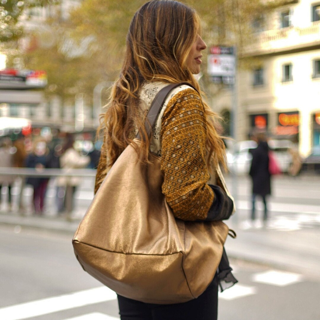 Big Leather Handbag, Tote Bag Extra Large Handmade With Metallic ...