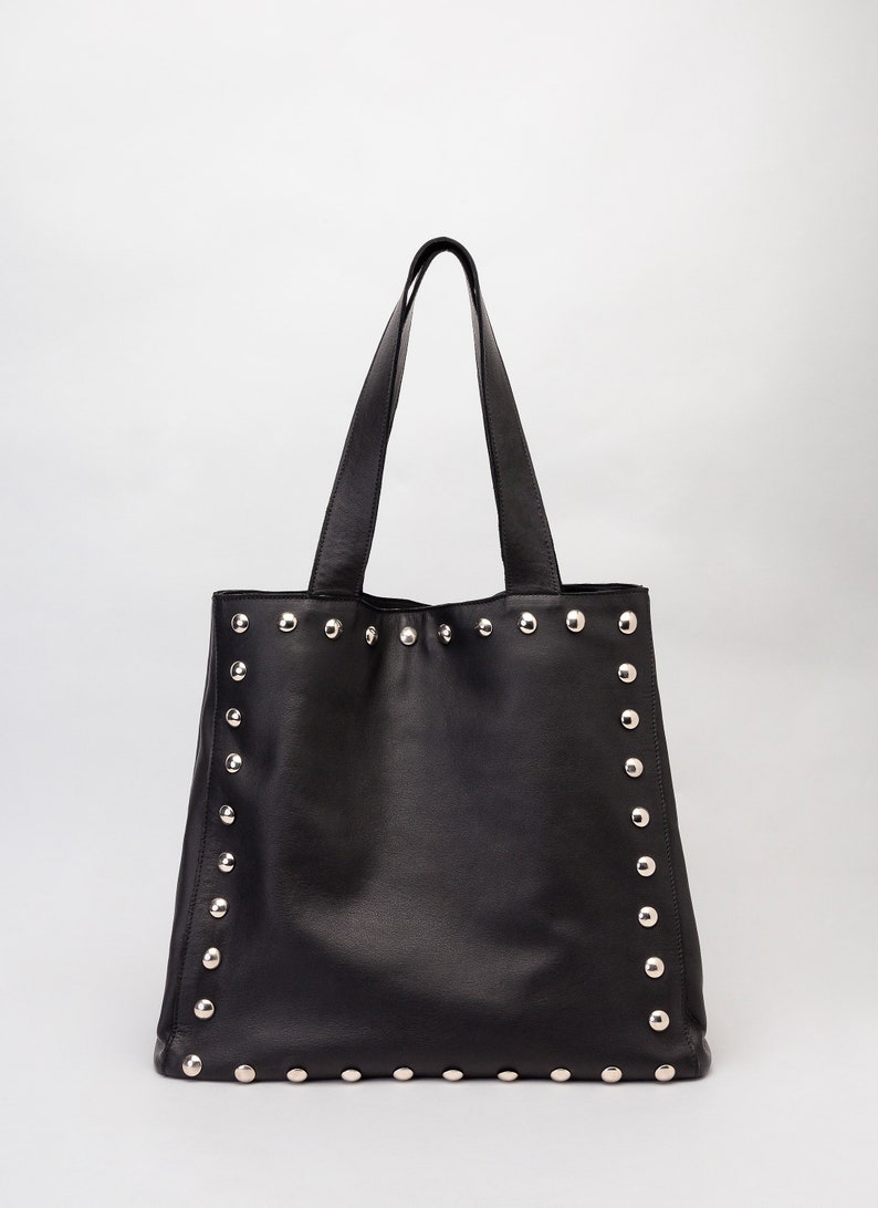 Stud Bag Black Leather Tote Studded Leather Bag Full Grain - Etsy