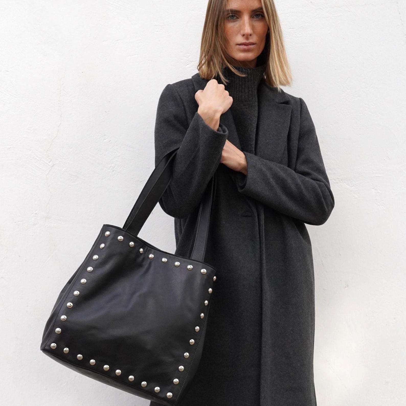 Handmade Studded Black Leather Tote Bag, Full Grain Leather - Etsy