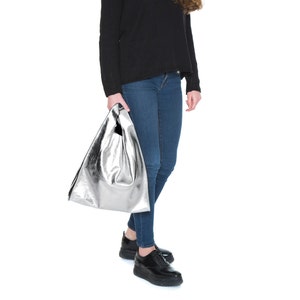 Silver Leather Tote Bag Metallic Leather Tote Silver - Etsy