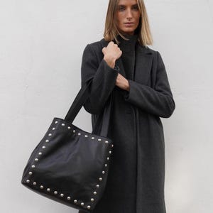 Stud Bag, Black Leather Tote, Studded Leather Bag, Full Grain Leather ...