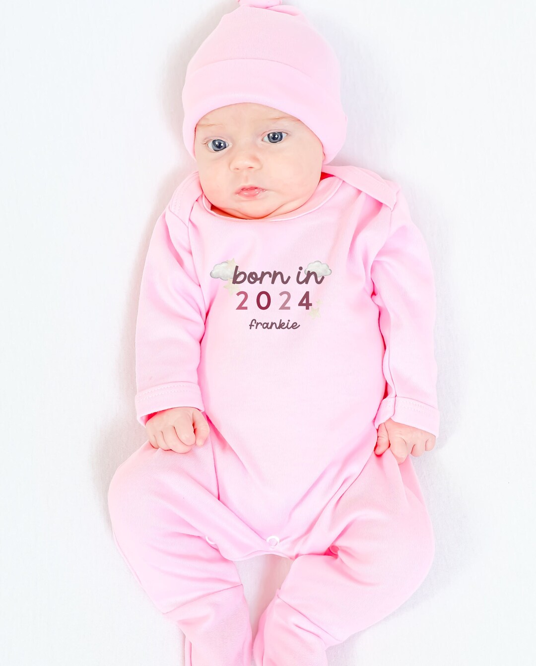 Hello World Personalised Born in 2024 Babygrow With Hat Pink Baby Grow ...