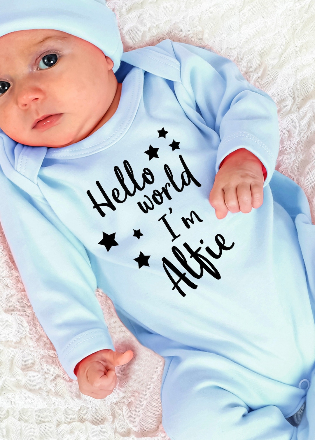 Hello World Personalised Baby Romper Set With Hat Blue Baby Boybaby ...