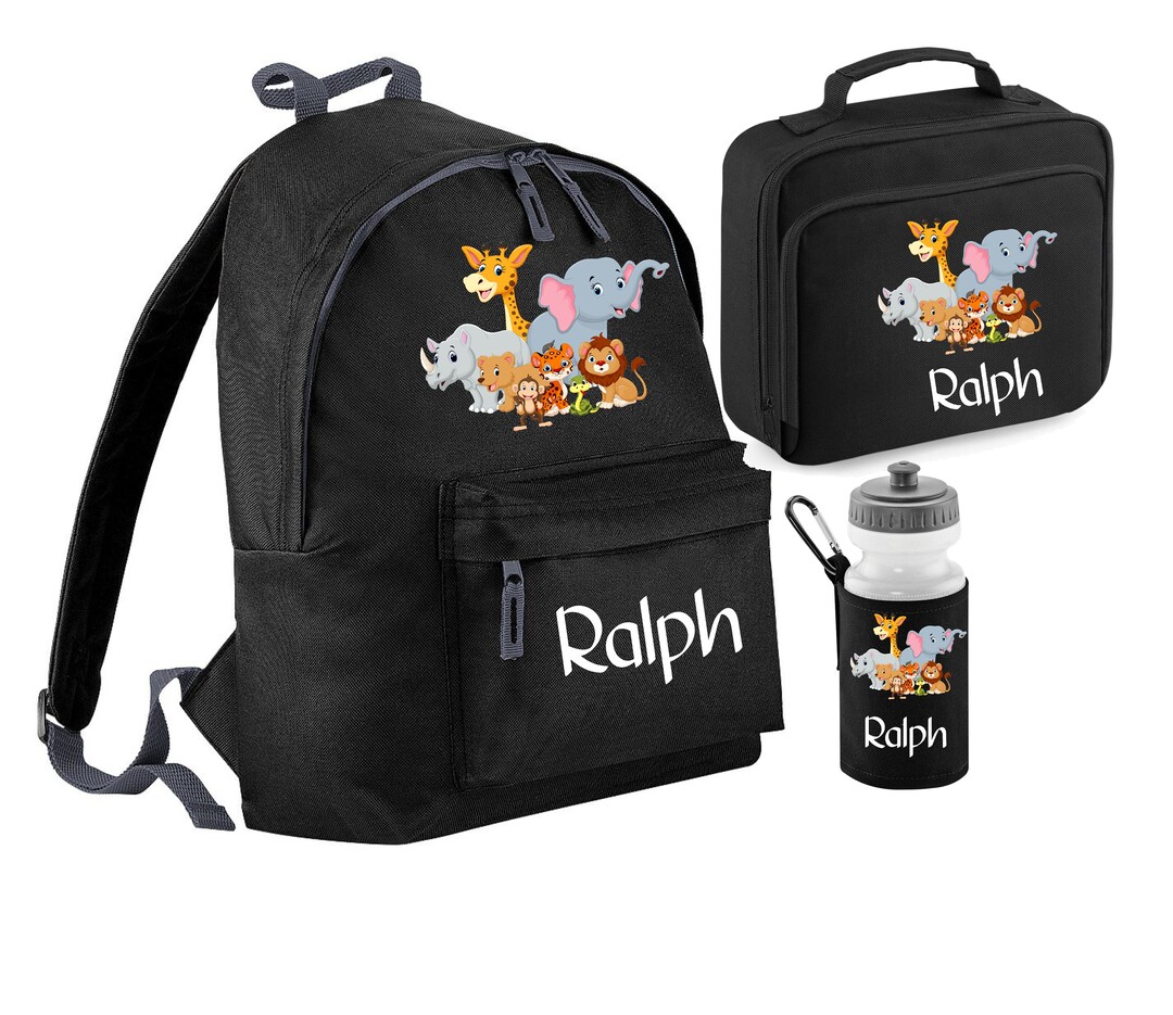 Personalised Safari/zoo Animals Lunch Box, Water Bottle and Rucksack ...