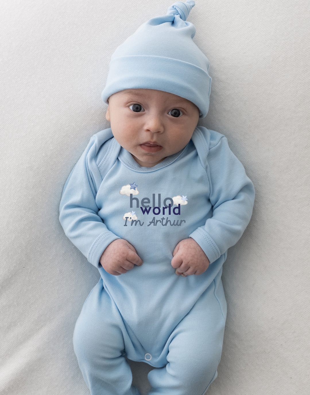 Personalised Hello World Babygrow With Hat Blue Baby Grow Sleepsuit New ...