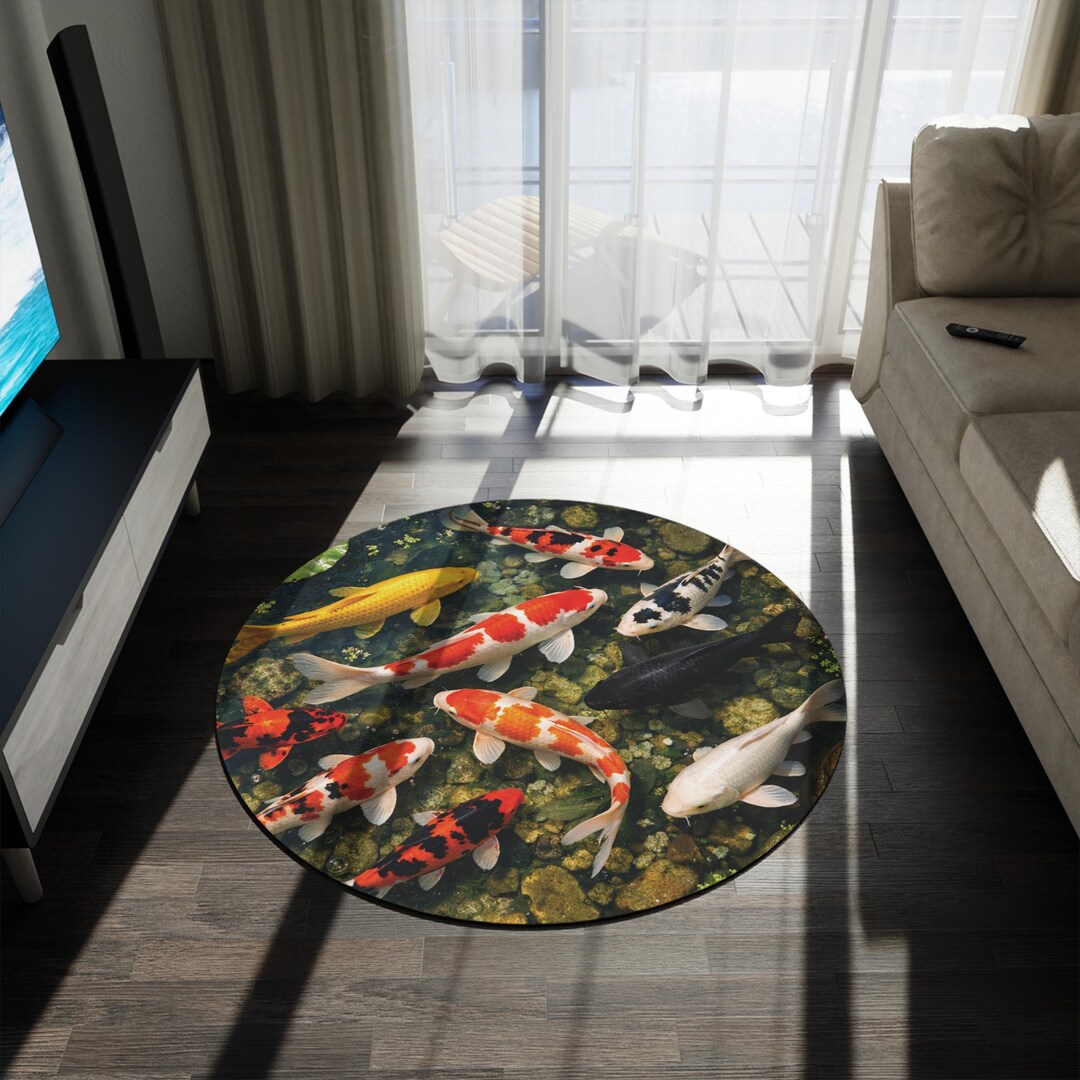 Koi Pond Pattern Round Rug | Colorful Koi Fish Wall Decor Floor Mat - Etsy