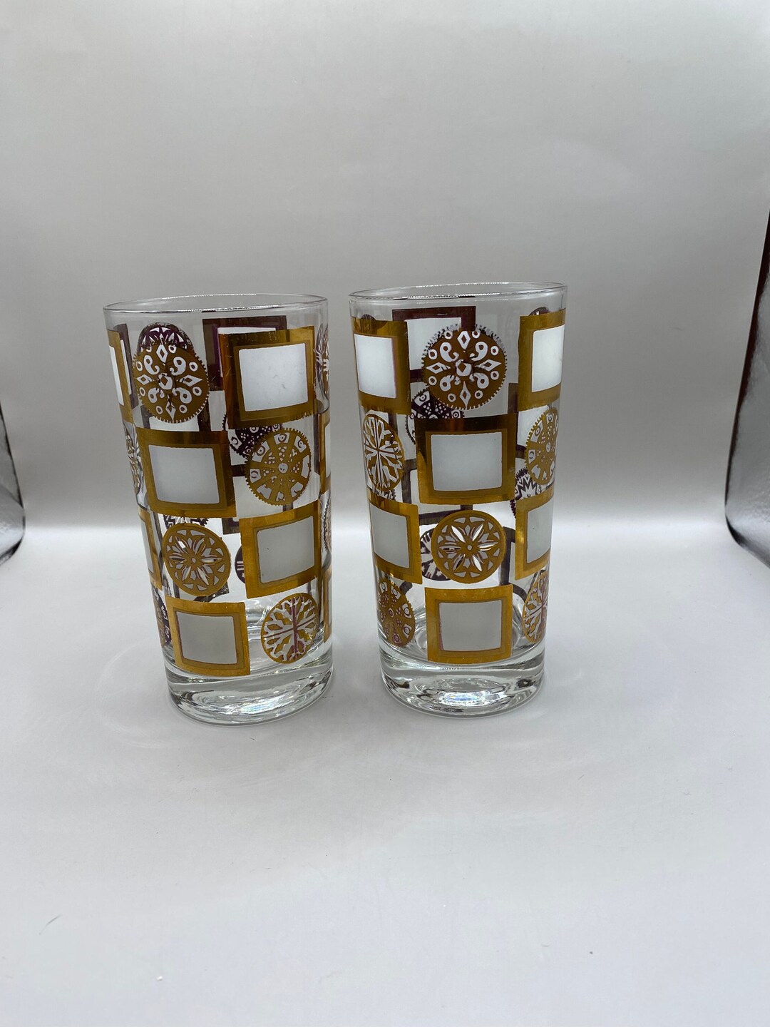 Mid Century Highball Glasses Set of Two Gold Medallions and Squares - Etsy