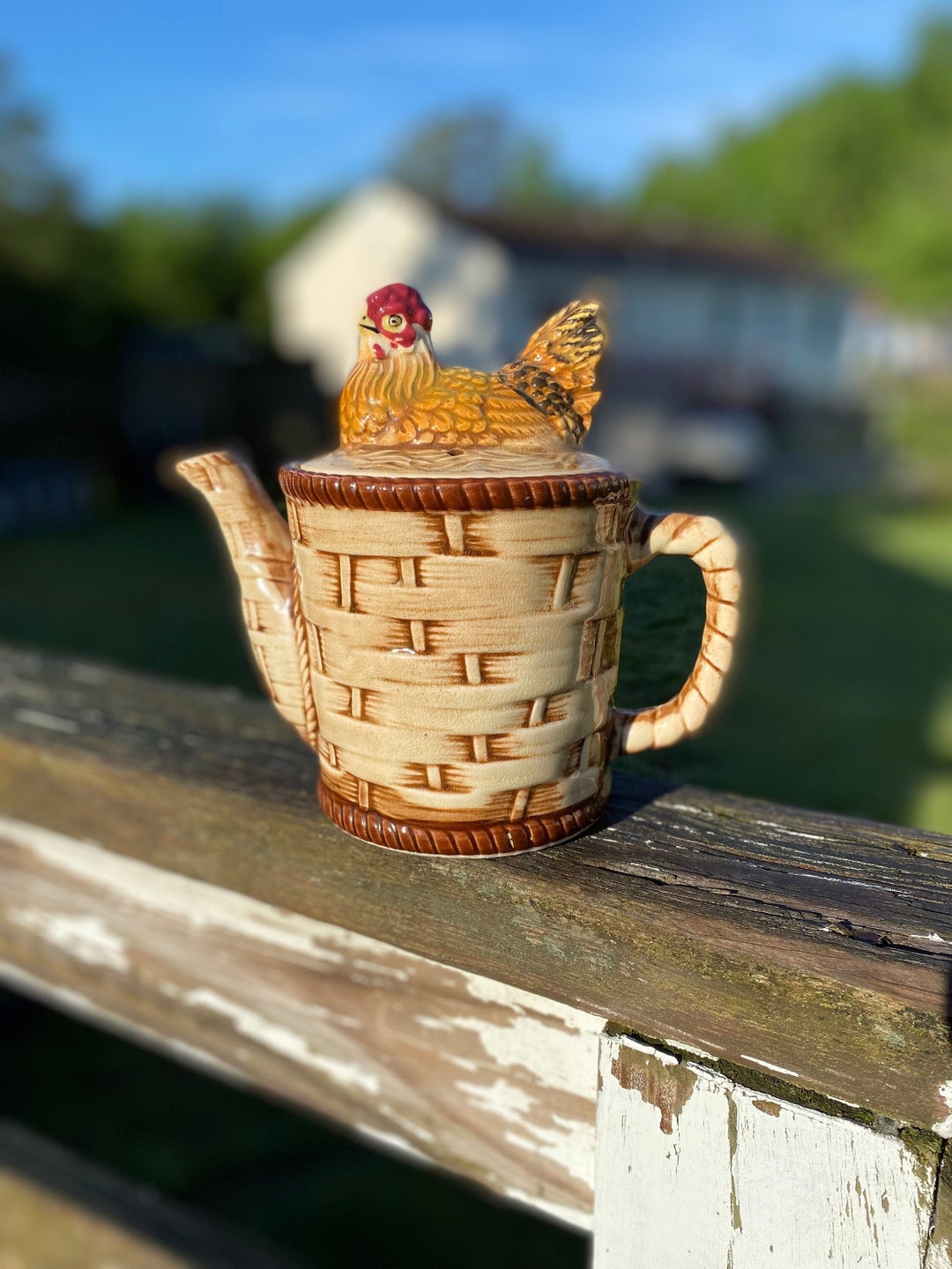 Vintage Hen on Basket Teapot Two Cup - Etsy
