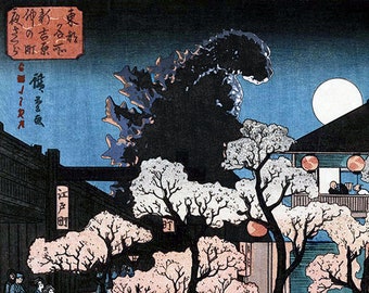 Godzilla Temple Japanese Woodblock Print | Etsy