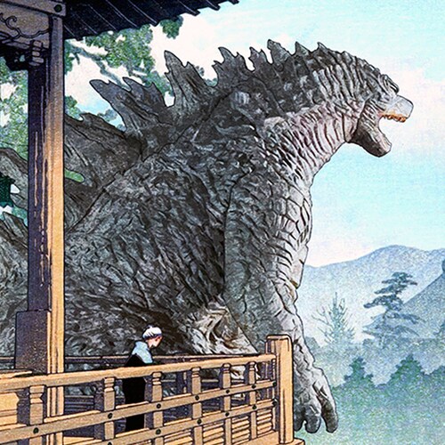 Godzilla Temple Japanese Woodblock Print | Etsy